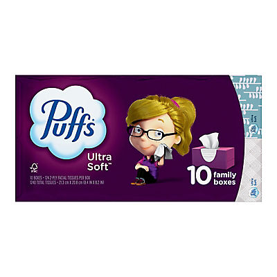 Puffs Ultra Soft Facial Tissues, 10 Family Size Boxes/124 Tissues Per ...