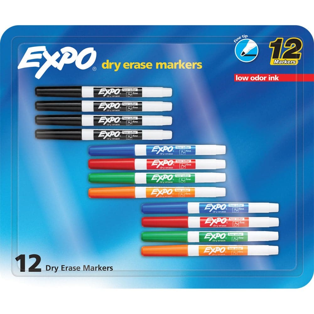 EXPO Low Odor Dry Erase Markers, Fine Tip, Assorted Colors, 12 Pack ...