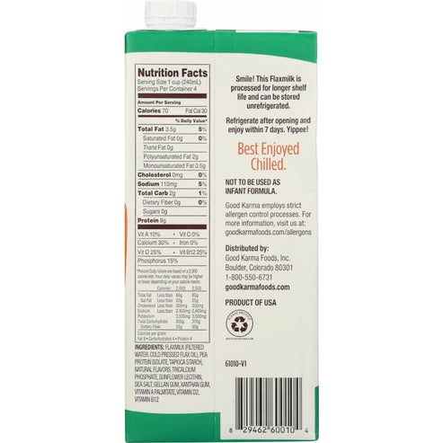 Good Karma Flax Milk Protein Unsweetened, 32 fl. oz. (Case of 4 ...