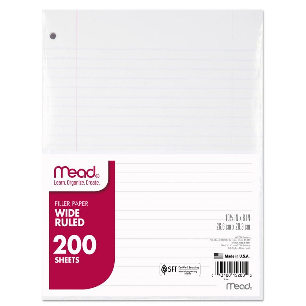 Mead - Filler Paper, 16-lbs., Wide Ruled, 3-hole punched - 10-1/2 x 8 ...