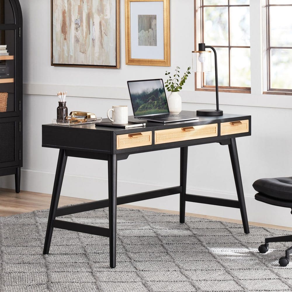 Member's Mark Enzo Writing Desk with 3 Rattan Storage Drawers, Black ...