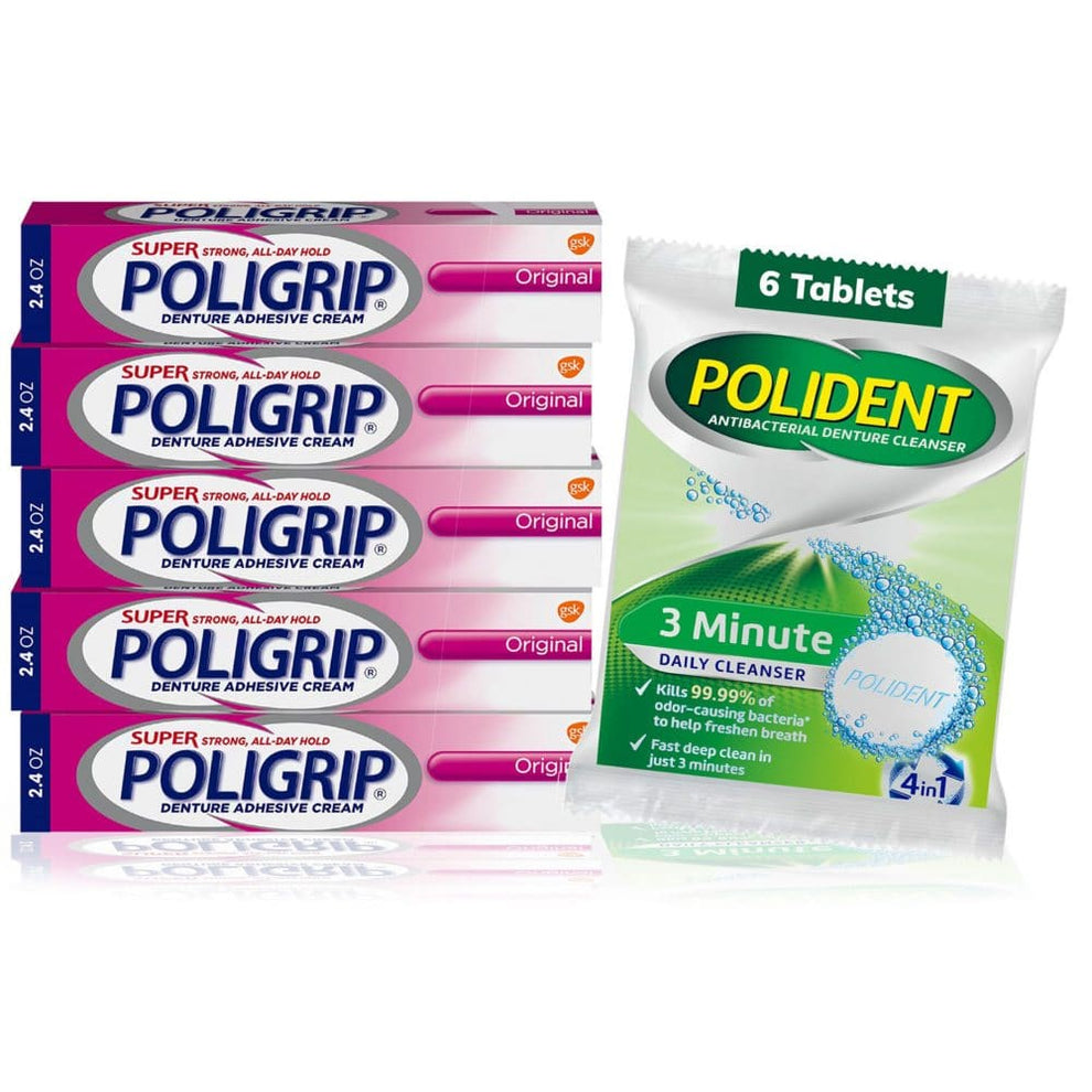 Poligrip Denture Adhesive Cream (2.4 oz., 5 ct.) + Polident Cleanser (6 ...