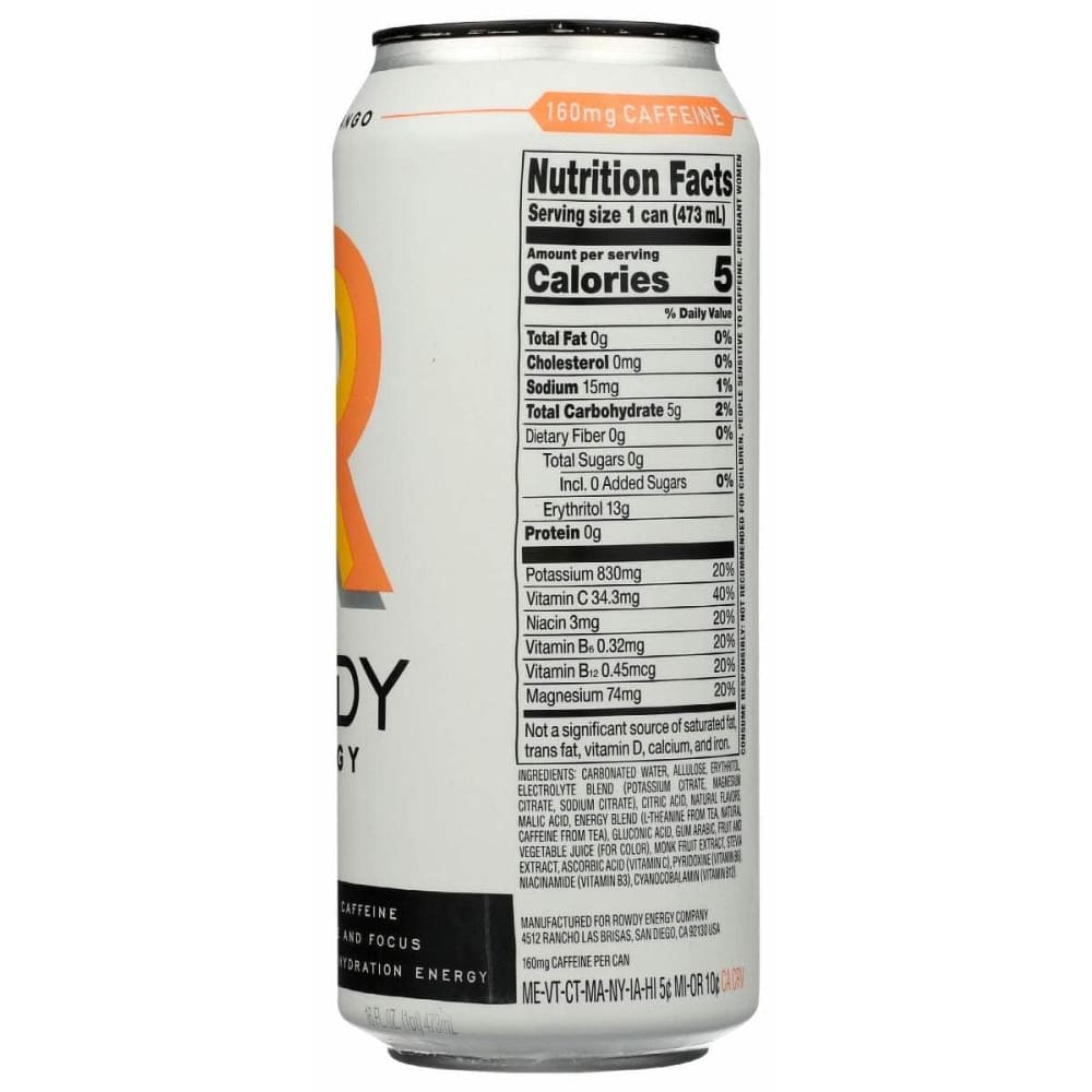 ROWDY ENERGY: Drink Energy Peach Mango, 16 fo (Case of 5) | ShelHealth