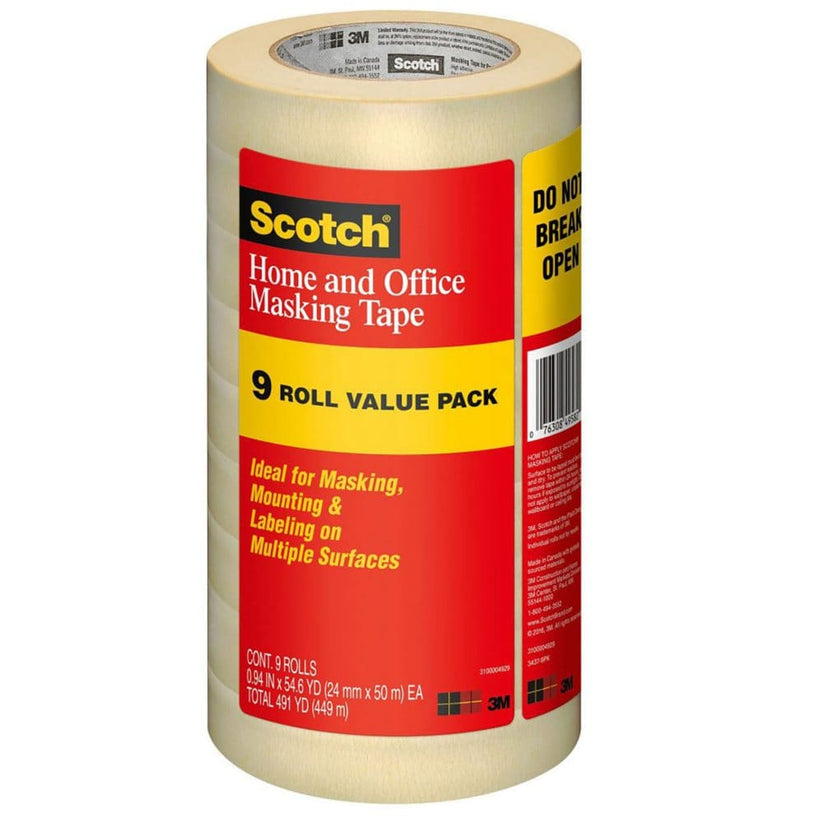 Scotch Masking Tape, .94" x 54.6 yds., 3" Core, Tan, 9 Pack | ShelHealth