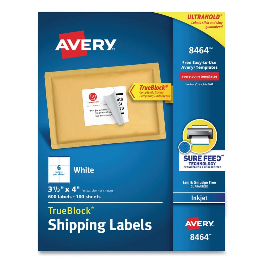 Avery Shipping Labels w/ TrueBlock Technology, Inkjet Printers, 3.33 x 4, White, 6/Sheet, 100 ...