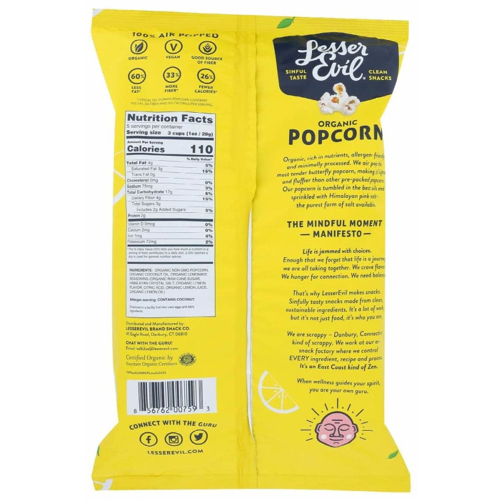 Lesser Evil Popcorn Rte Lemonade, 5 Oz (Case of 4) | ShelHealth