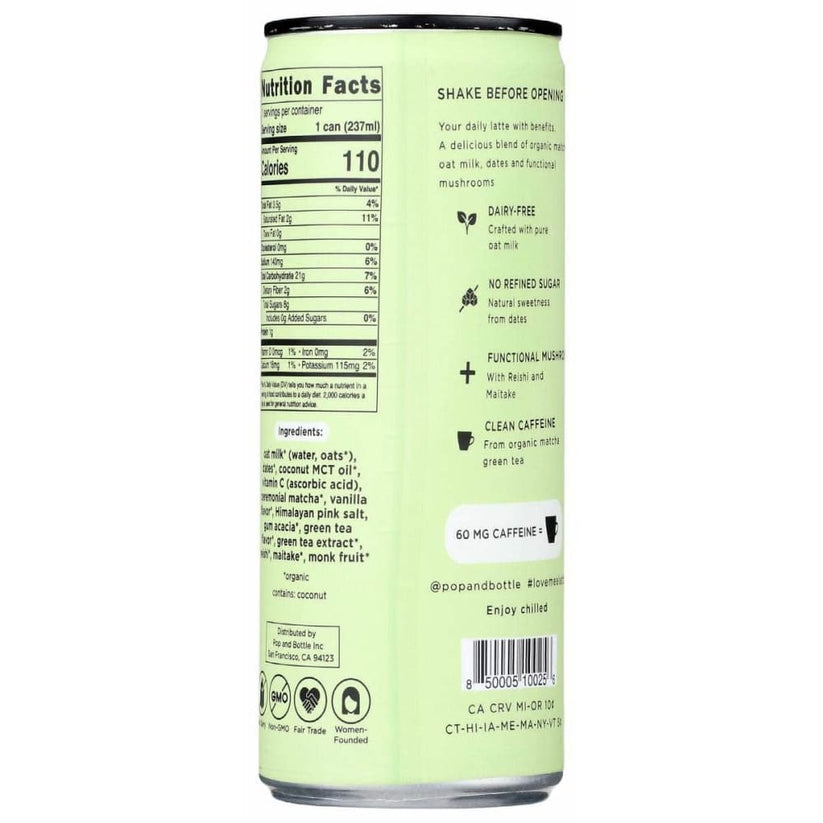 POP AND BOTTLE: Matcha Green Tea Oat Milk Latte, 8 fo (Case of 4 ...