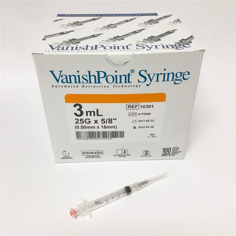 Retractable Technologies Syringe Safety 3Cc 25G X 5/8In Vp, Box of 100 ...